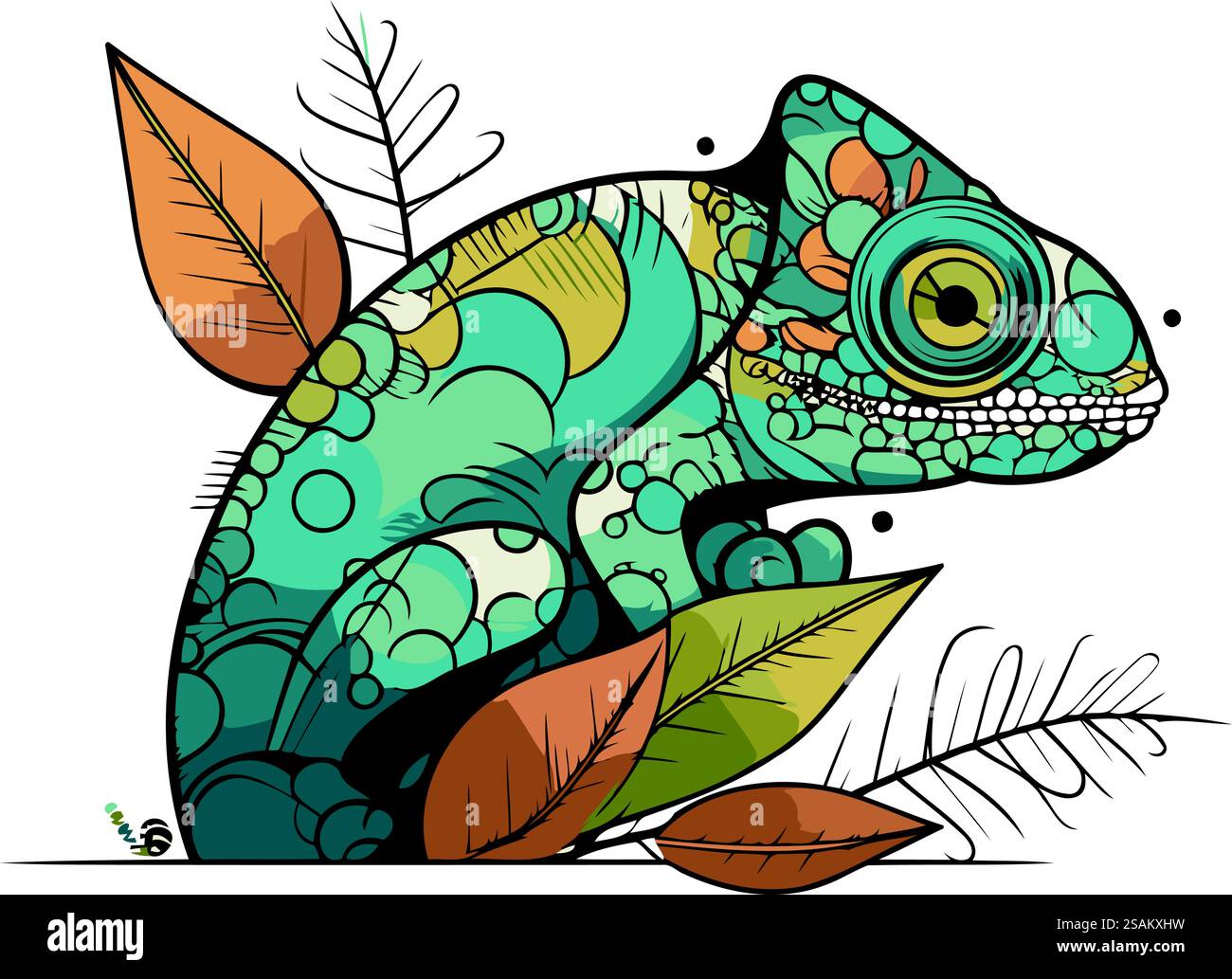Colorful chameleon with leaves. Hand drawn vector illustration Stock ...