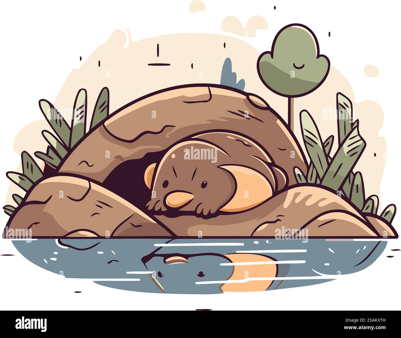 Cute cartoon hedgehog sleeping on a rock. Vector illustration Stock ...