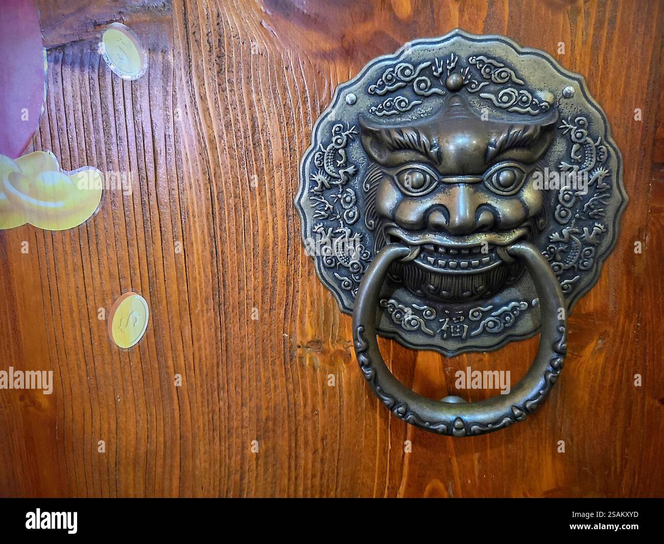 Traditional Chinese Door Knocker Close-Up with Rich Wood Texture Stock ...