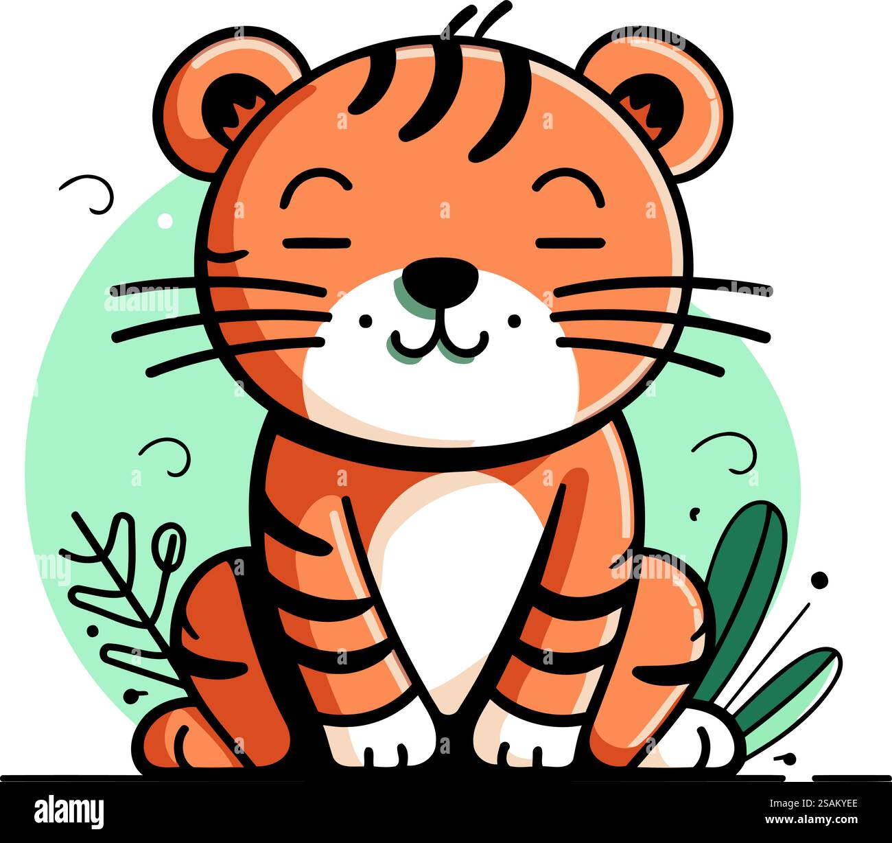 Cute tiger sitting on the ground. Vector illustration in flat style ...
