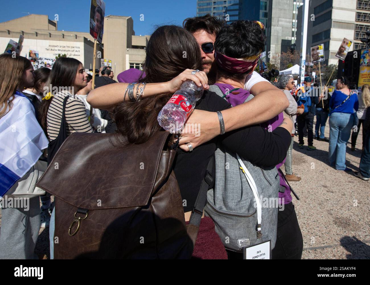Tel Aviv, Israel. 30th Jan, 2025. Israelis meet and hug as they gather ...