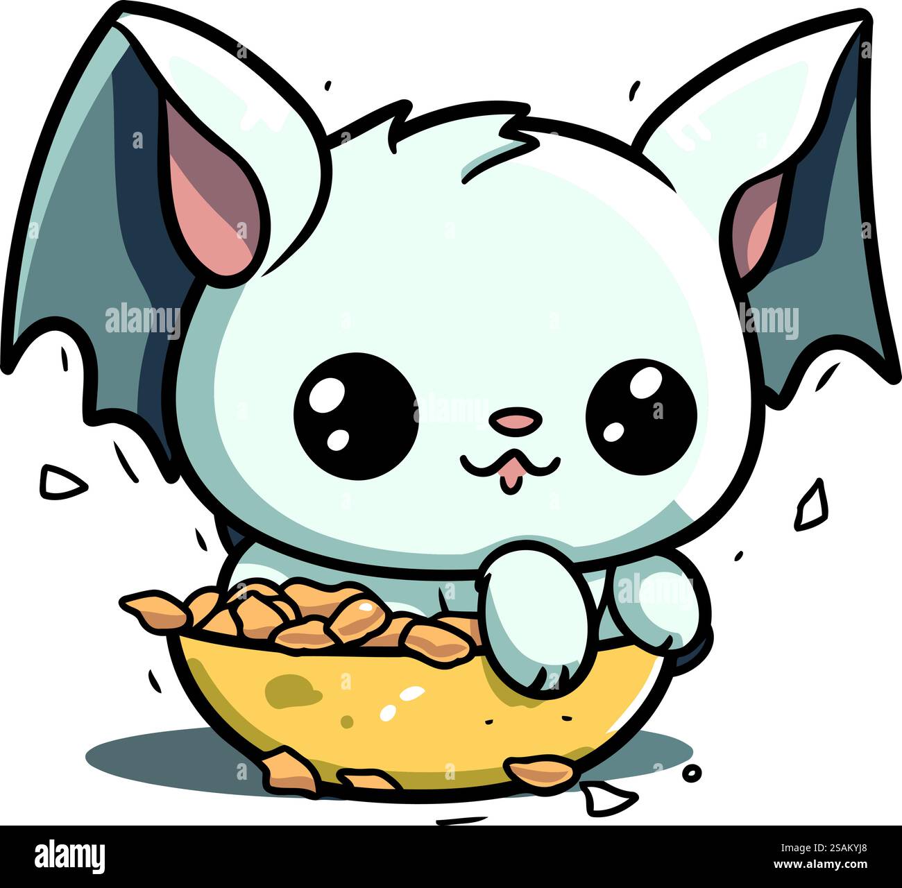 Cute cartoon rabbit eating a bowl of nuts. Vector illustration Stock ...