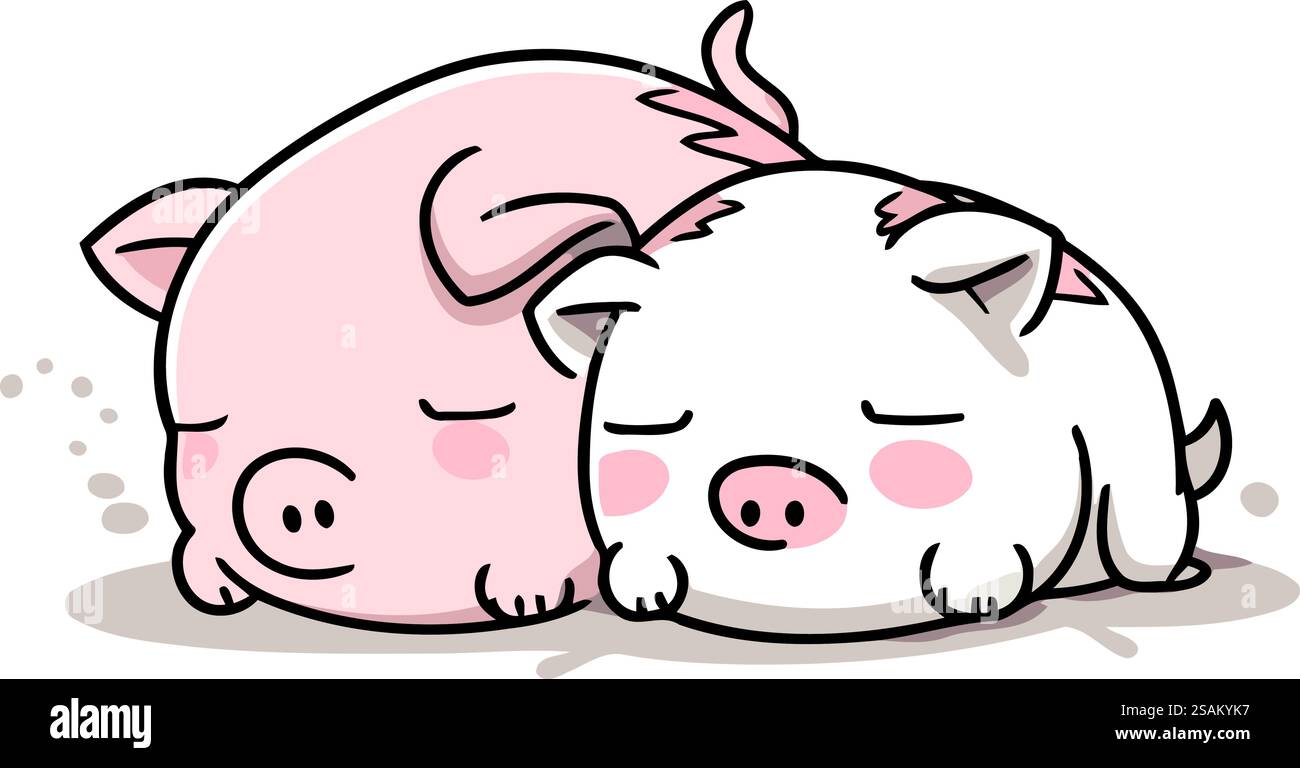 Illustration of a cute pig and a cat sleeping together on a white ...