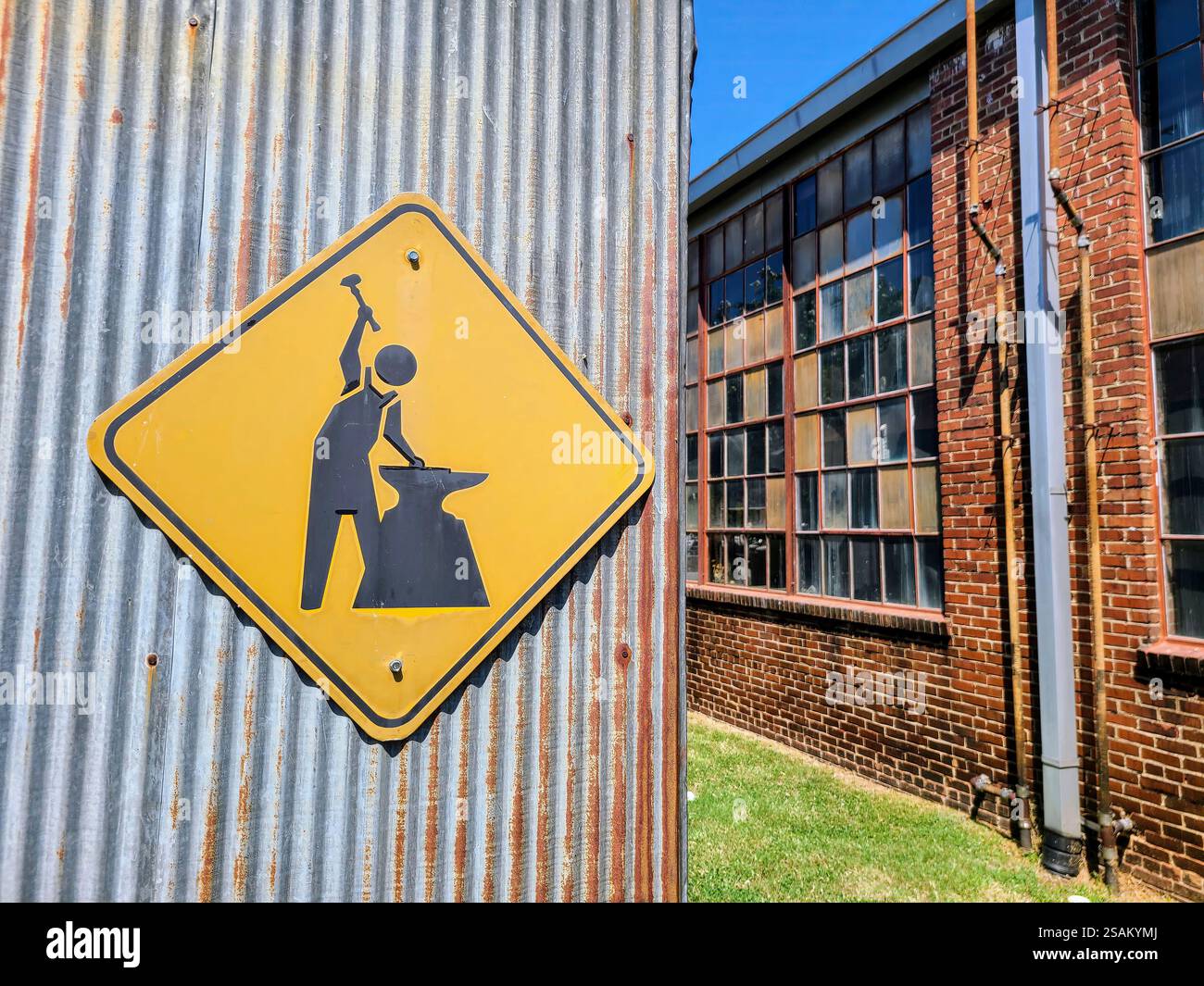 Industrial Caution Sign on Corrugated Metal Eye-Level Perspective Stock ...