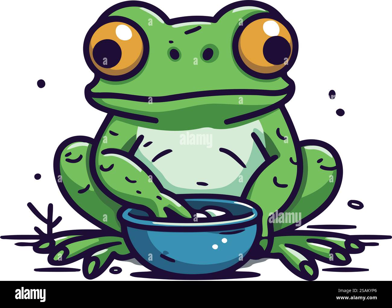 Frog eating from bowl. Cute cartoon character. Vector illustration ...