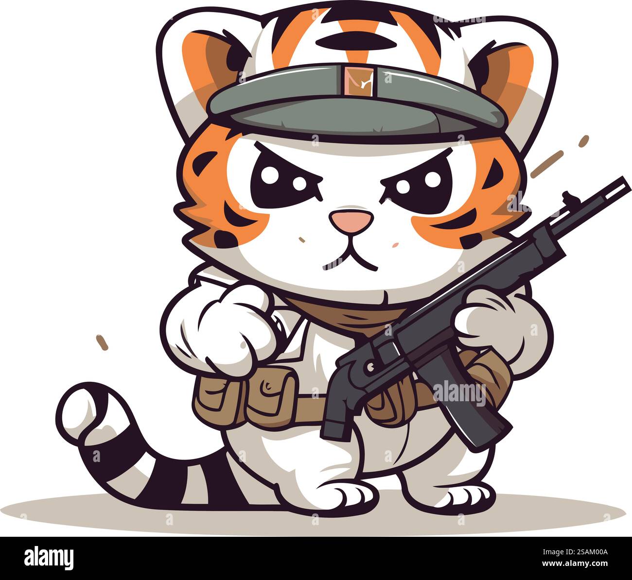 Cute tiger in military uniform with a machine gun. Vector illustration ...