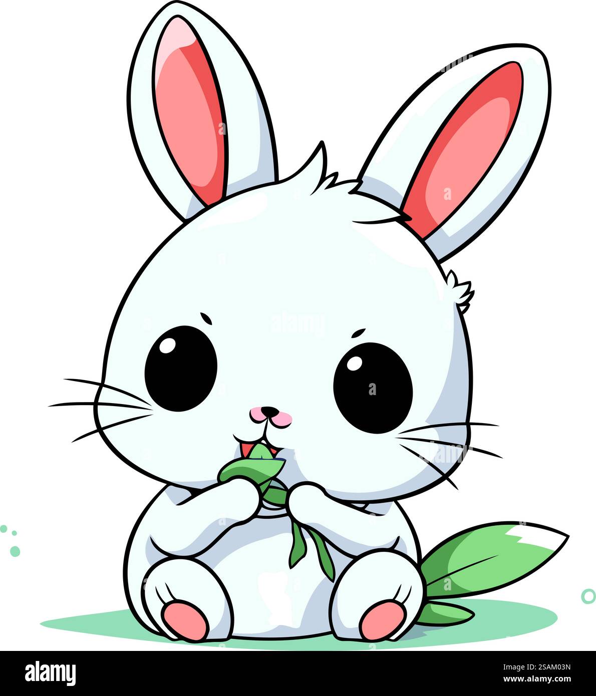 Cute white bunny with green leaves on white background. Vector ...
