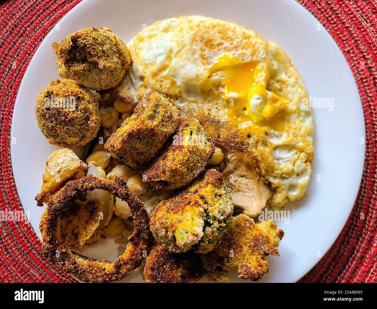 Rustic Fried Egg and Fried Veggie Brunch Plate Eye-Level View Stock ...