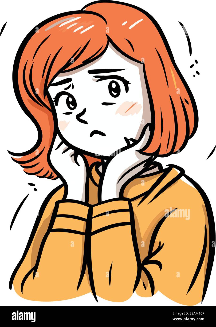 Illustration of a young woman with a worried expression on her face ...