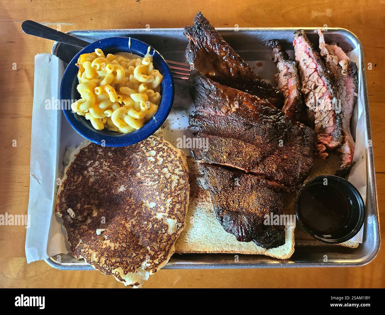 Southern BBQ Brisket Mac and Cheese with Pancake Overhead View Stock ...