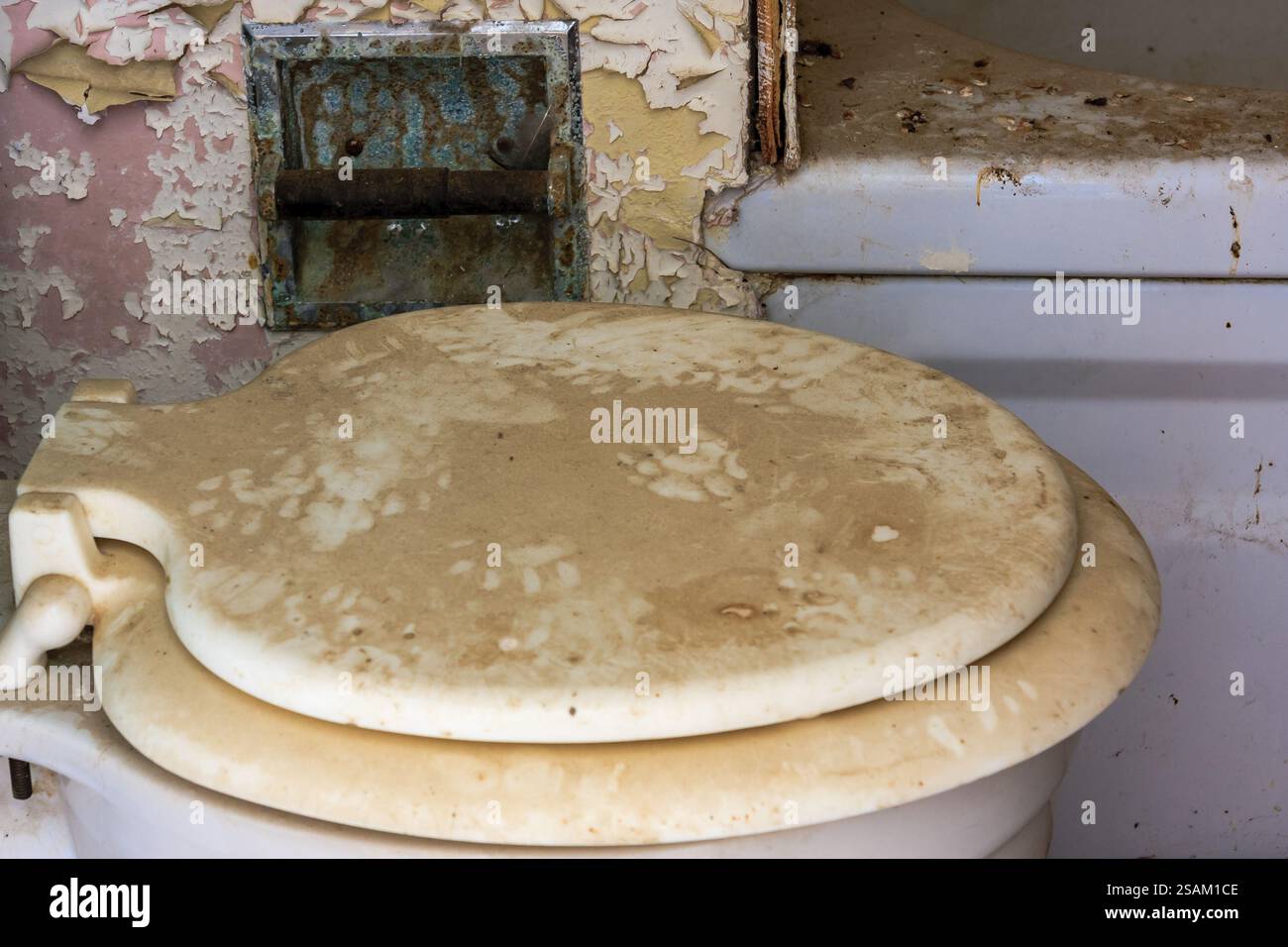 A dirty toilet with a rusty hinge and a broken handle. The toilet is in ...