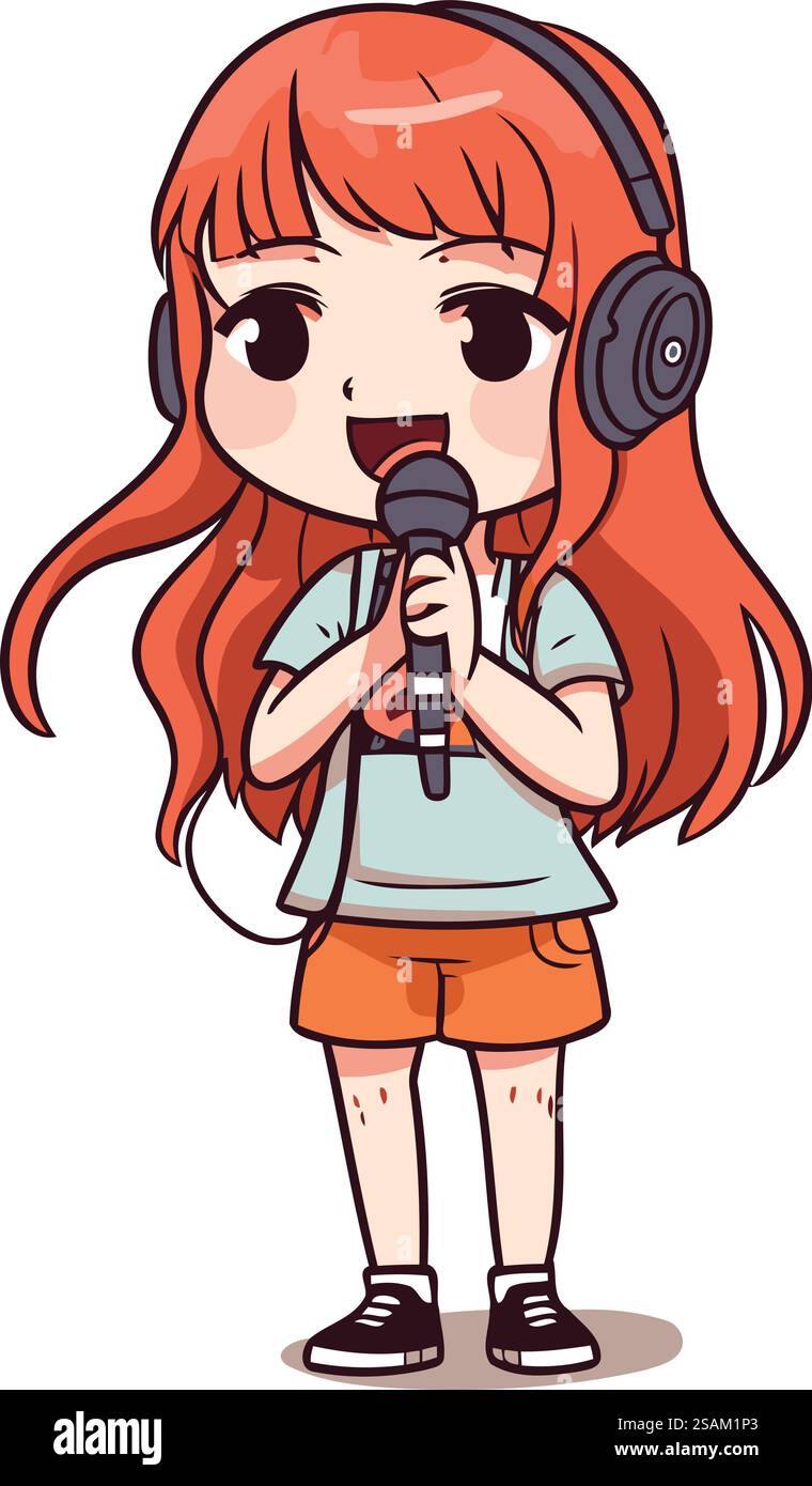 Cute girl singing karaoke with microphone. Vector illustration Stock ...