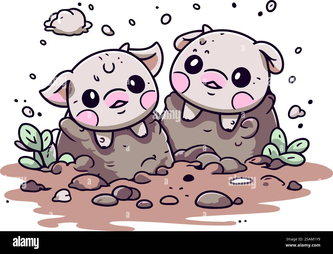 Cute Cartoon Pigs In Mud