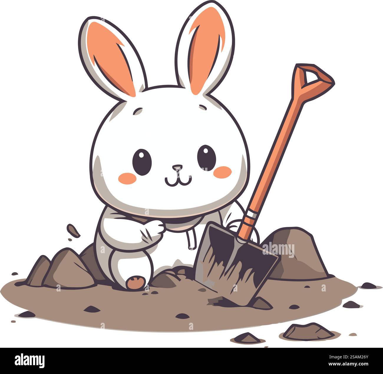 Cute white bunny digging a hole with shovel. Vector illustration Stock ...