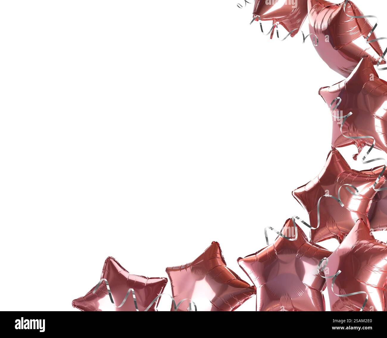 Pink star-shaped balloons and party streamers on white background Stock ...
