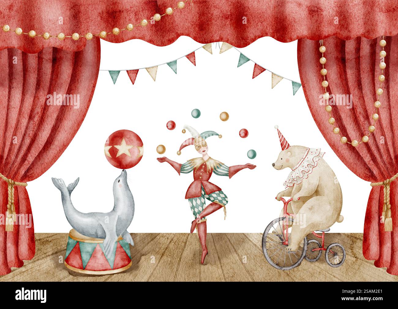 Watercolor illustration of a Circus scene with a juggling jester, a ...