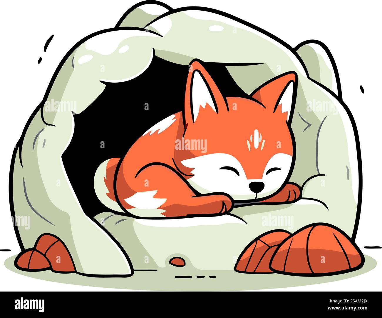 Cute cartoon fox sleeping in a cave. Vector illustration of a fox ...