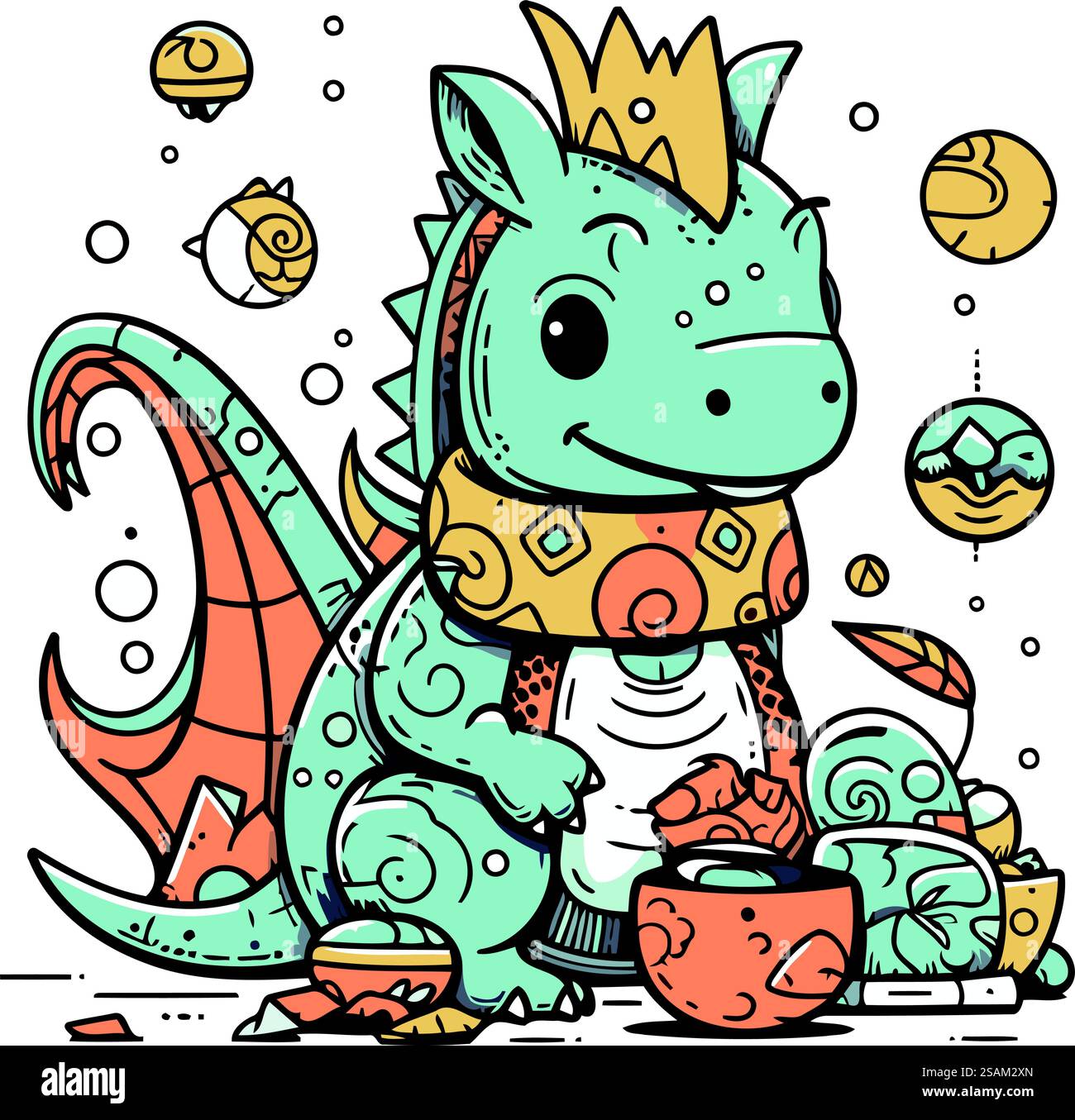 Cute cartoon dragon with a crown and a bowl of tea. Vector illustration ...