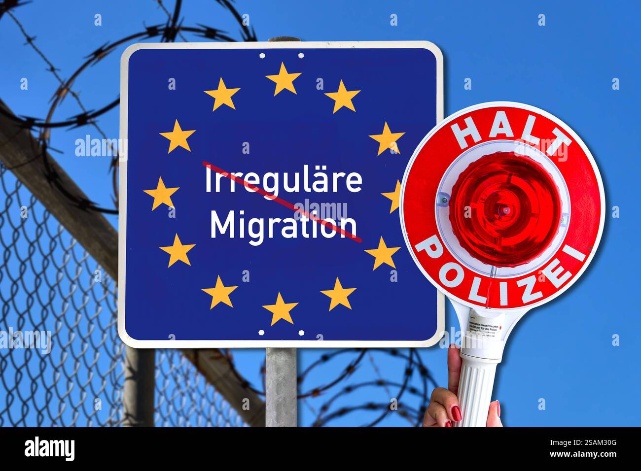 Bavaria, Germany - January 30, 2025: PHOTOMONTAGE, A prohibition sign ...