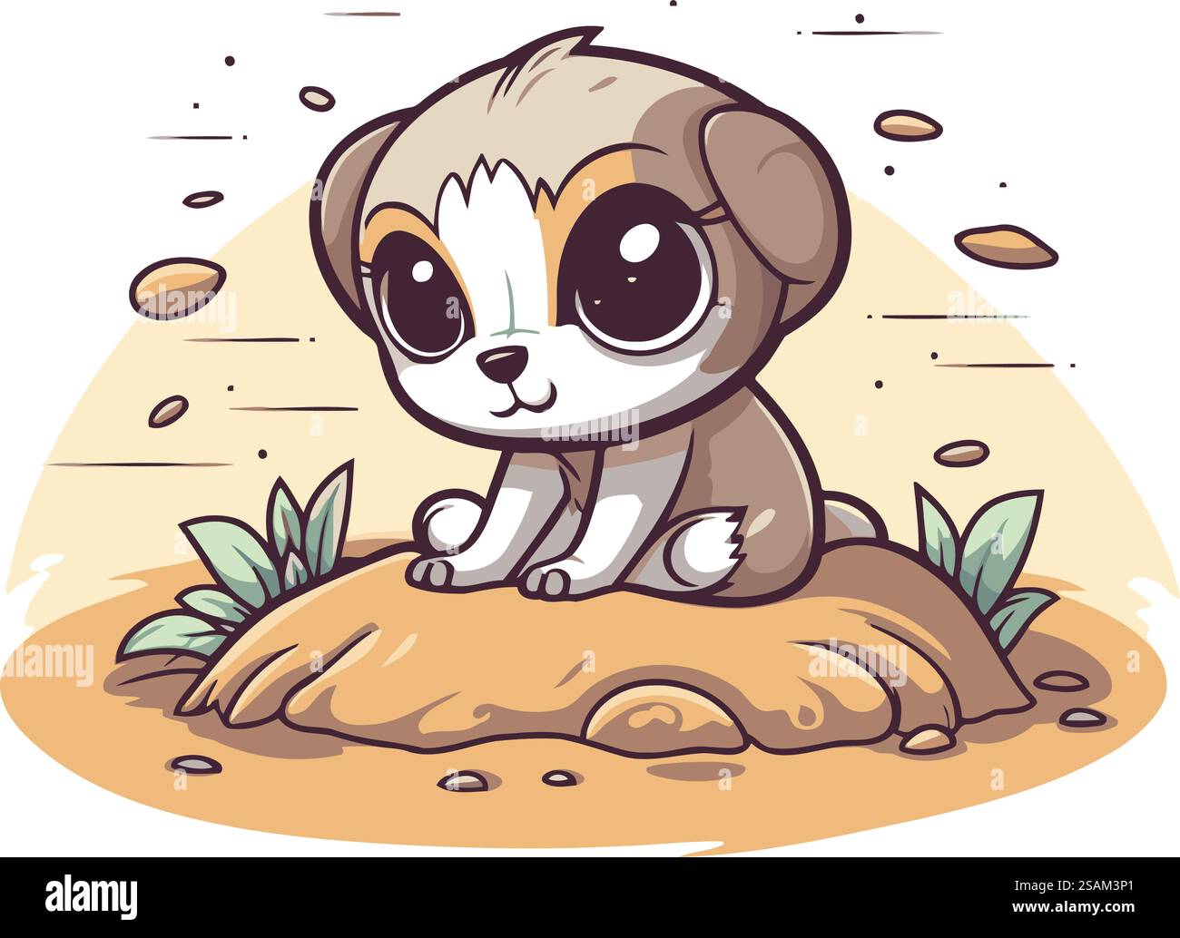 Cute cartoon dog sitting on the rock. Vector illustration isolated on ...