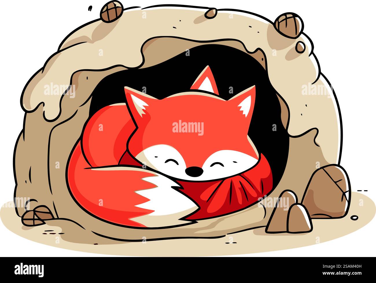 Cute cartoon fox sleeping in a cave. Vector illustration on white ...