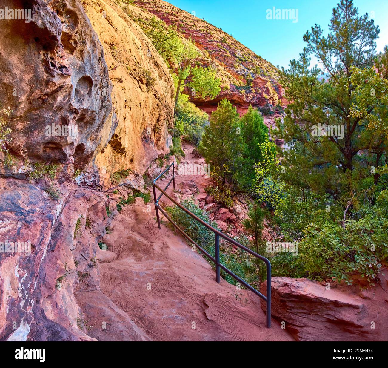 Zion National Park Canyon Trail with Metal Rail Panorama Perspective ...
