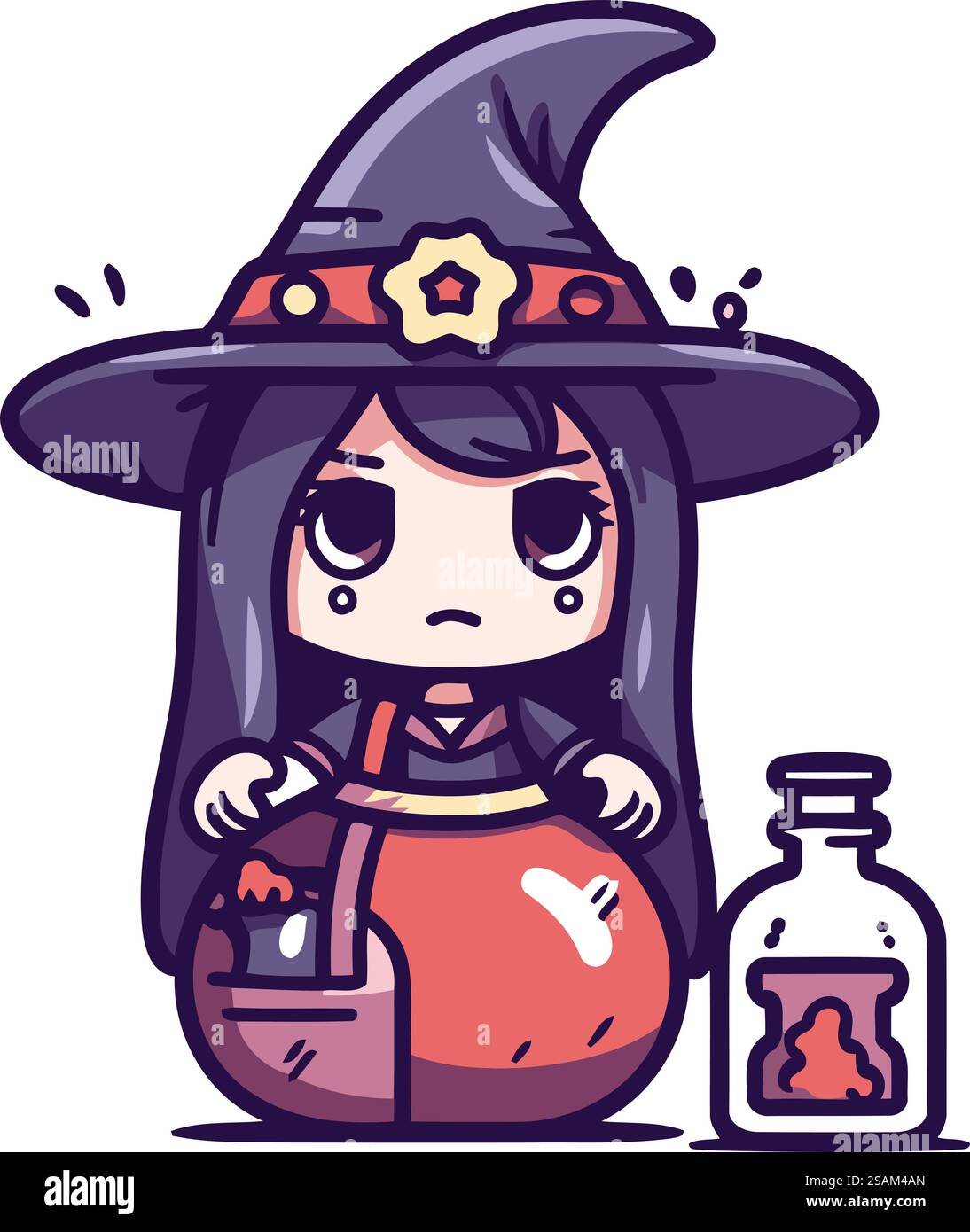 Cute little witch with potion. Vector illustration in cartoon style ...