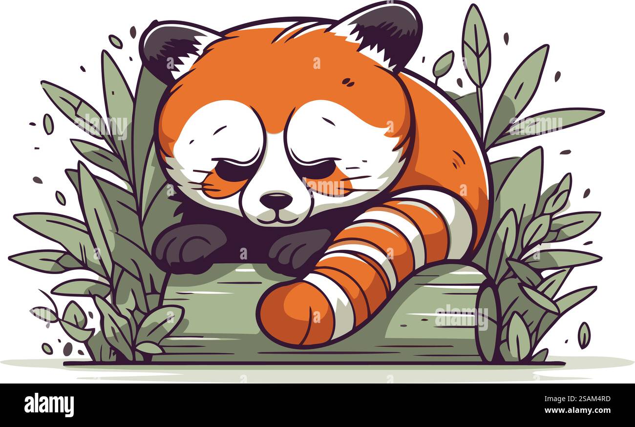 Cute cartoon red panda sleeping on the green grass. Vector illustration ...