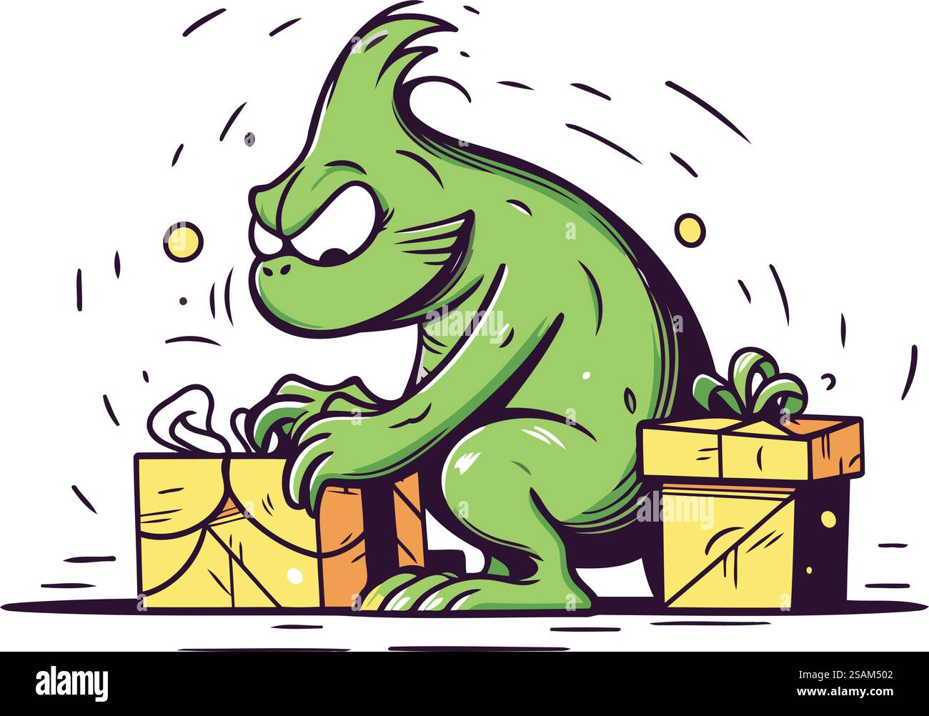 Funny green dragon with gift boxes. Vector hand drawn illustration ...