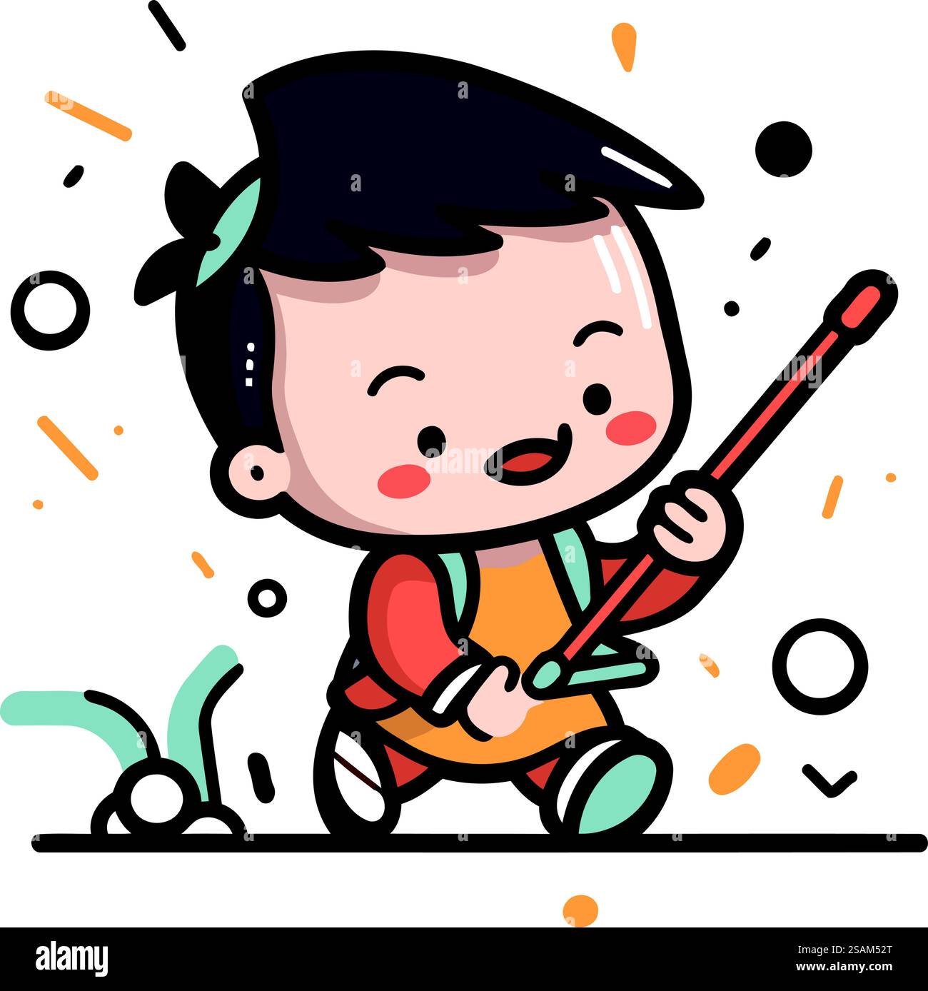 Cute little boy playing with a stick. Vector illustration in cartoon ...
