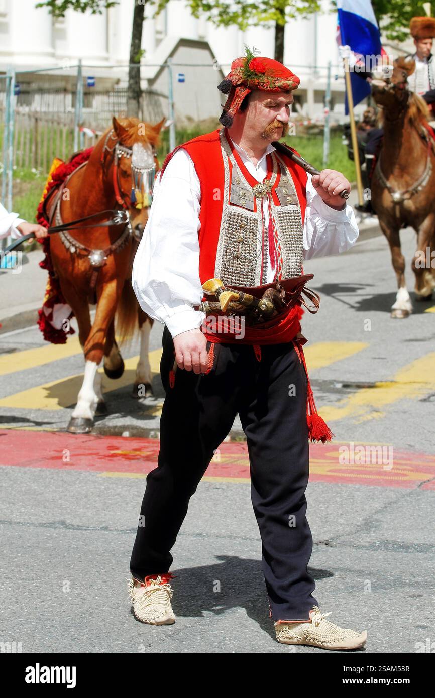 GENEVA; SWITZERLAND-May 04, 2024: Sinjska Alka Croatia warrior with ...
