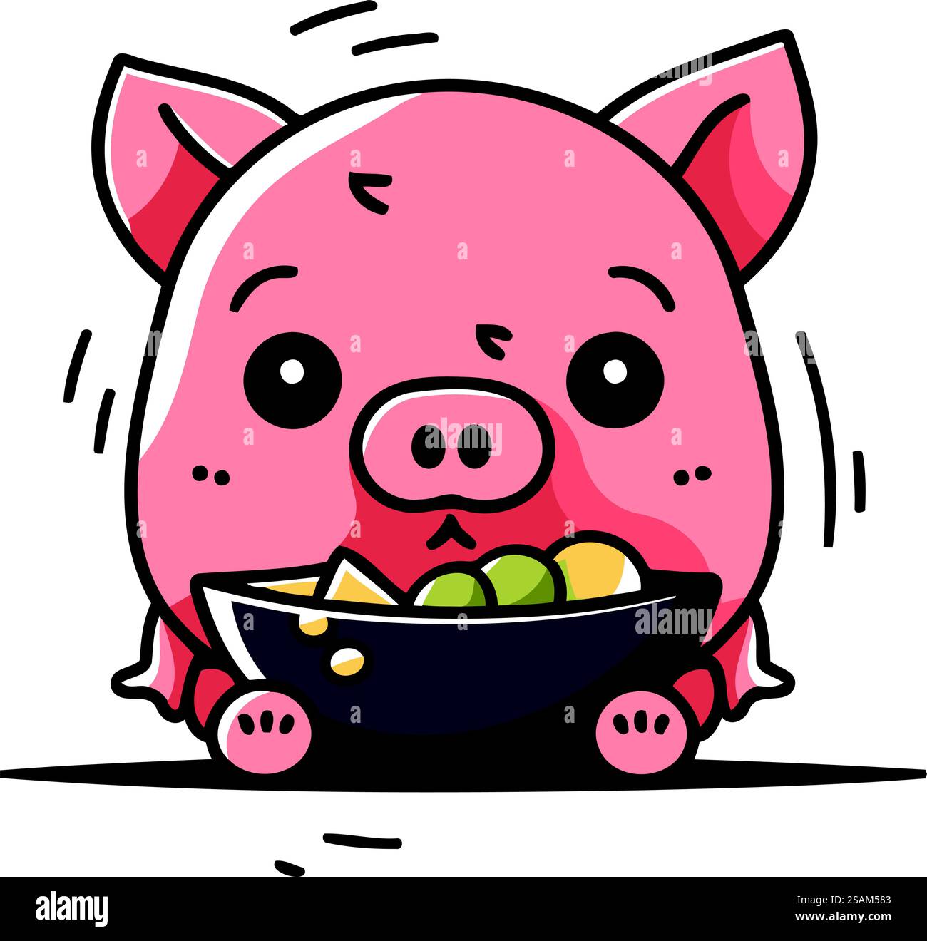 Cute piggy with bowl of food. Vector illustration in cartoon style ...