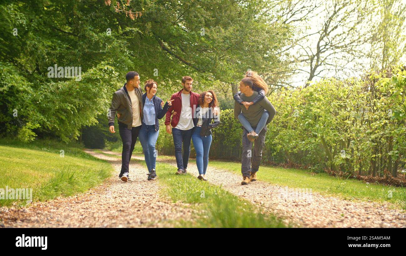 Group Of Young Friends Walking Along Track Through Trees In Countryside ...