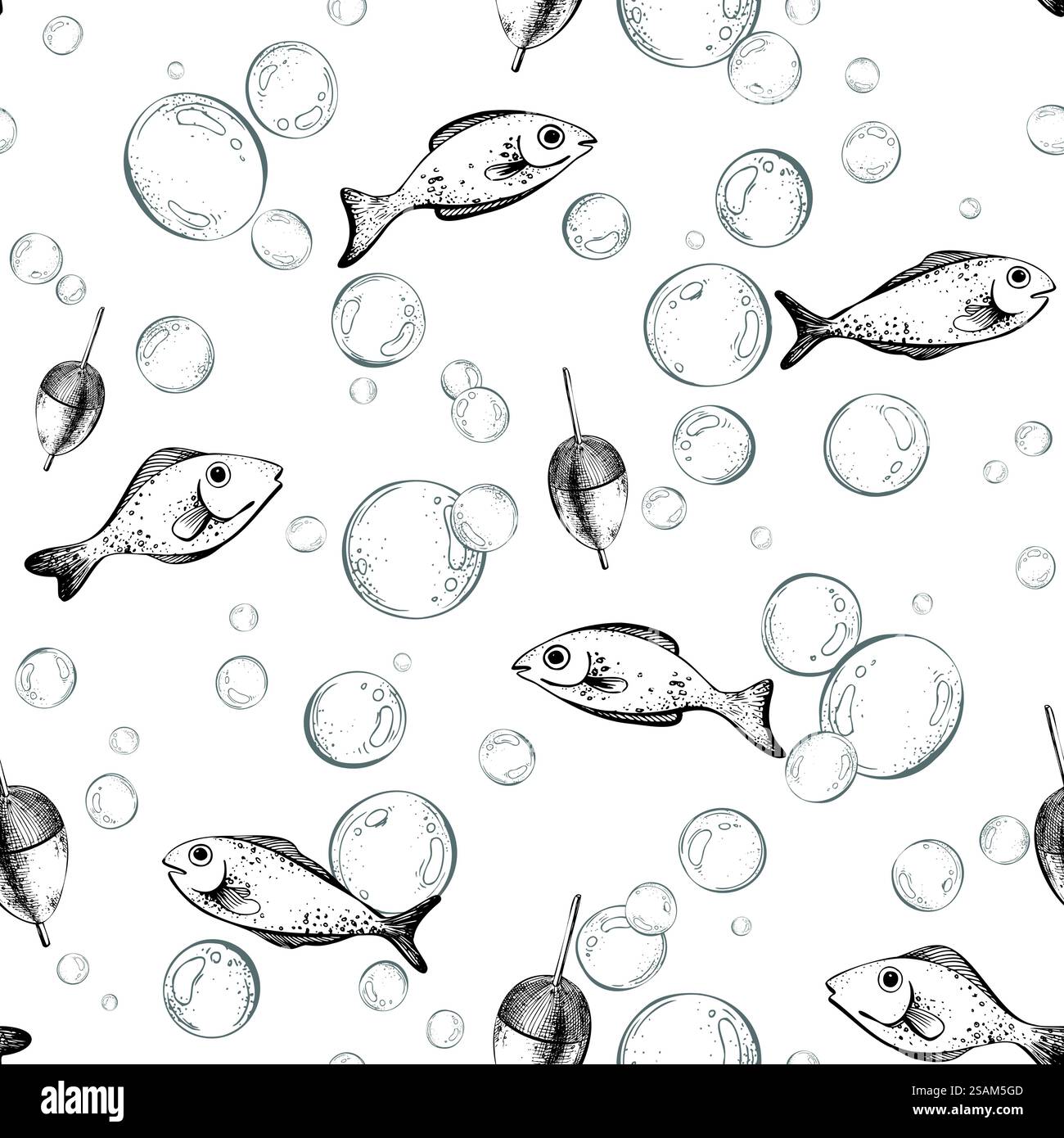 Cute fish with float and bubbles in marine theme. Graphic illustration ...