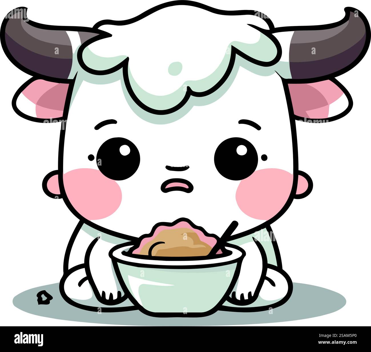 Cute cow eating a bowl of rice character cartoon vector illustration ...