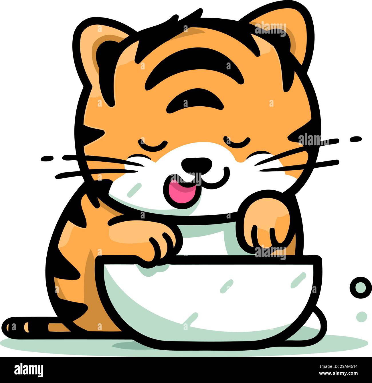 Cute little tiger character eating from a bowl. Vector illustration ...