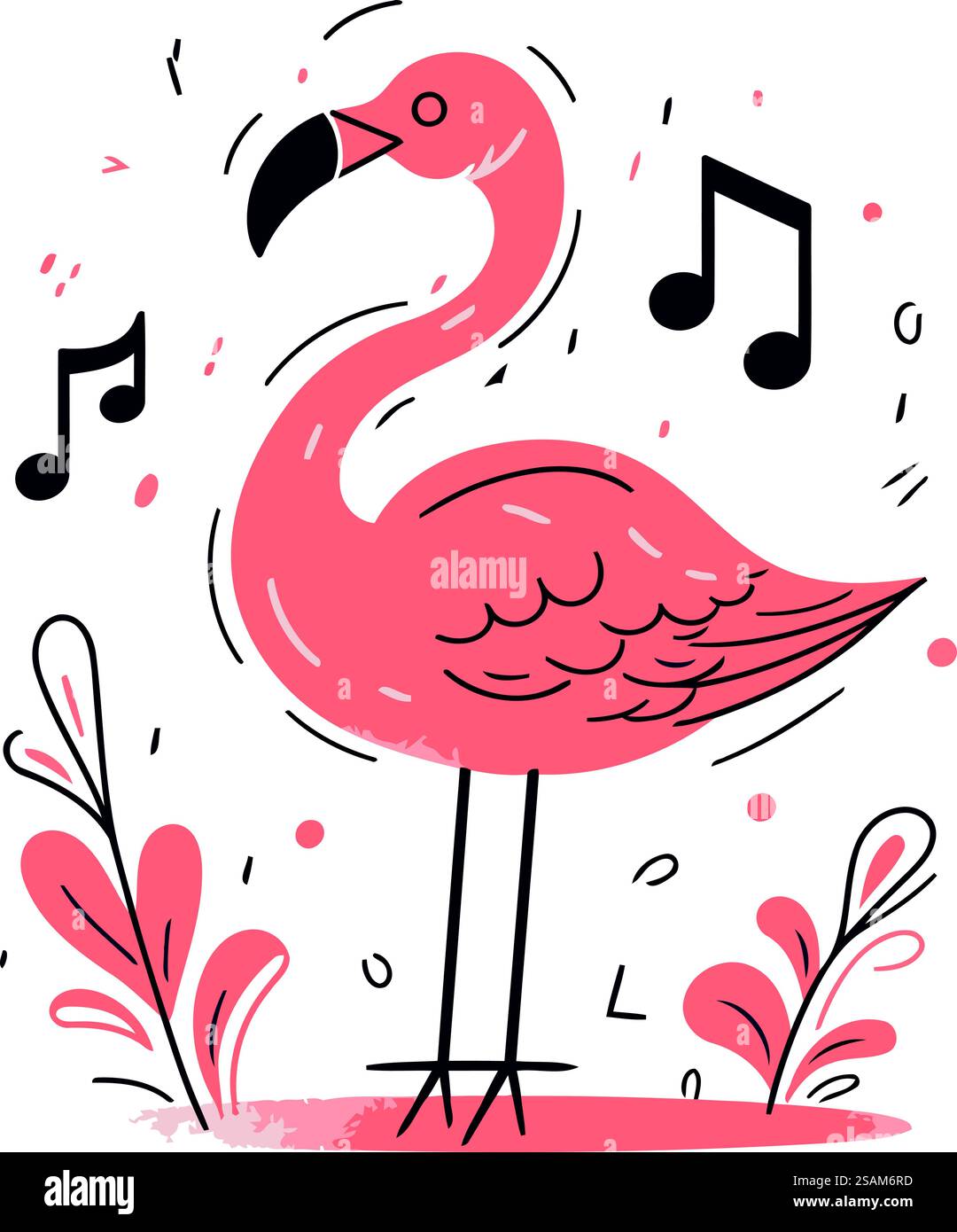Flamingo with musical notes. Vector illustration in doodle style Stock ...