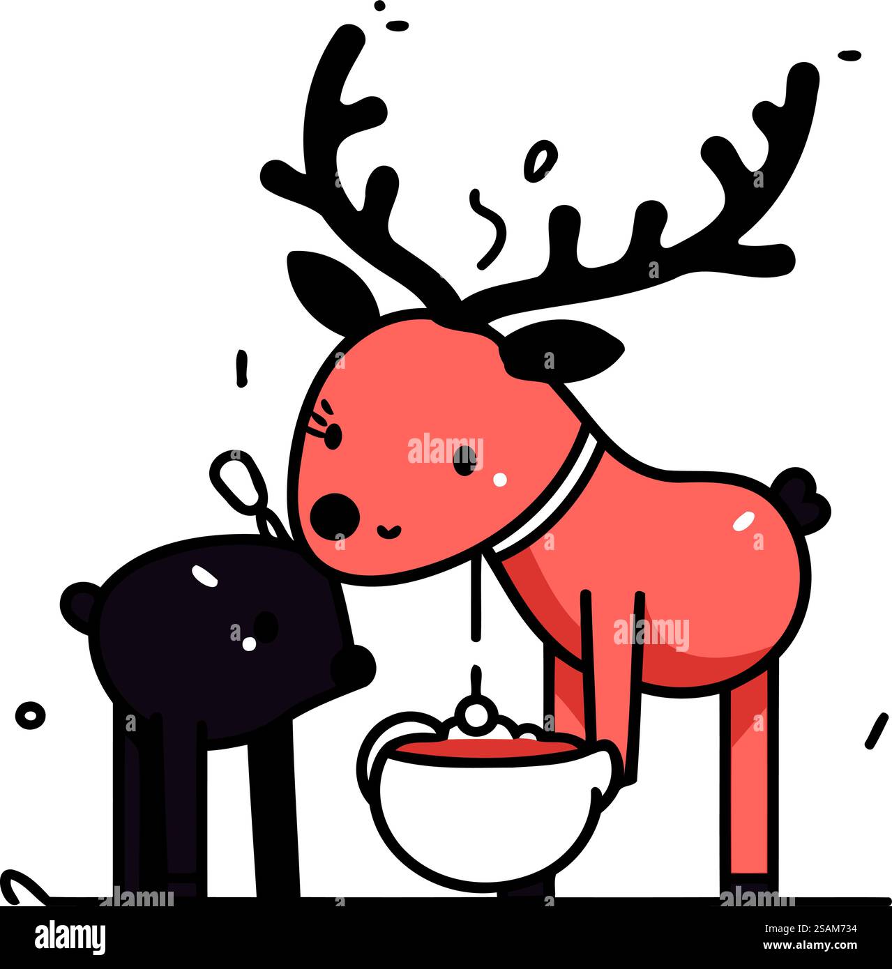 Vector illustration of cute cartoon reindeer with black cat and bowl of ...