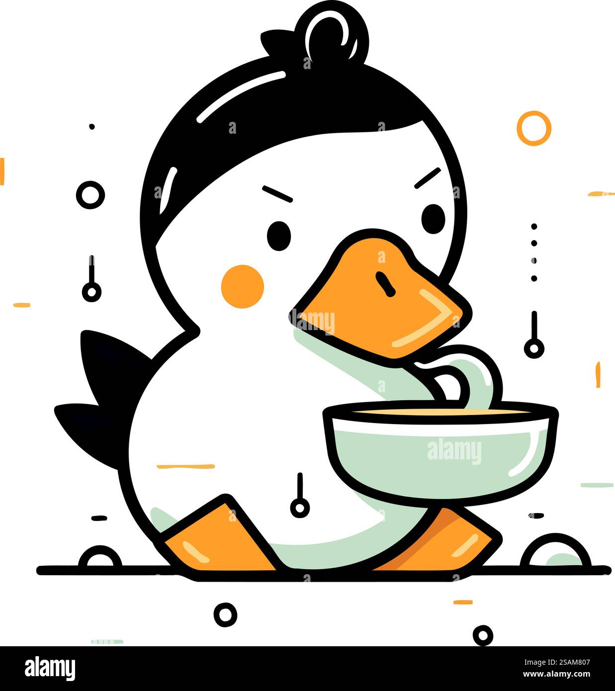 Cute goose with a cup of coffee. Vector illustration in line style ...