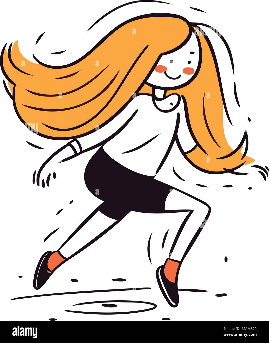 Vector illustration of a girl with long hair running in the studio ...