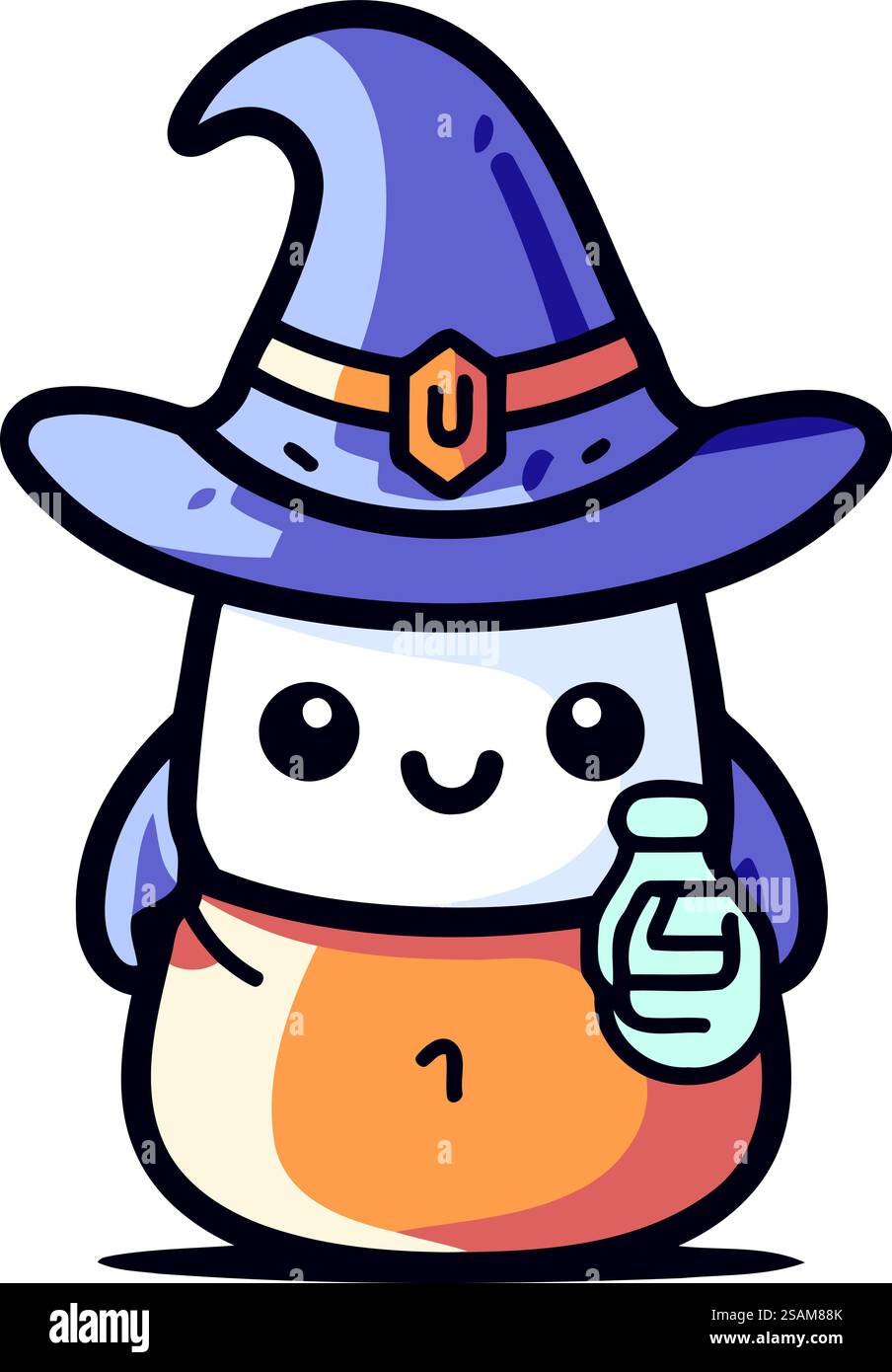 Cute smiling snowman wearing witch hat and holding magic wand. Vector ...
