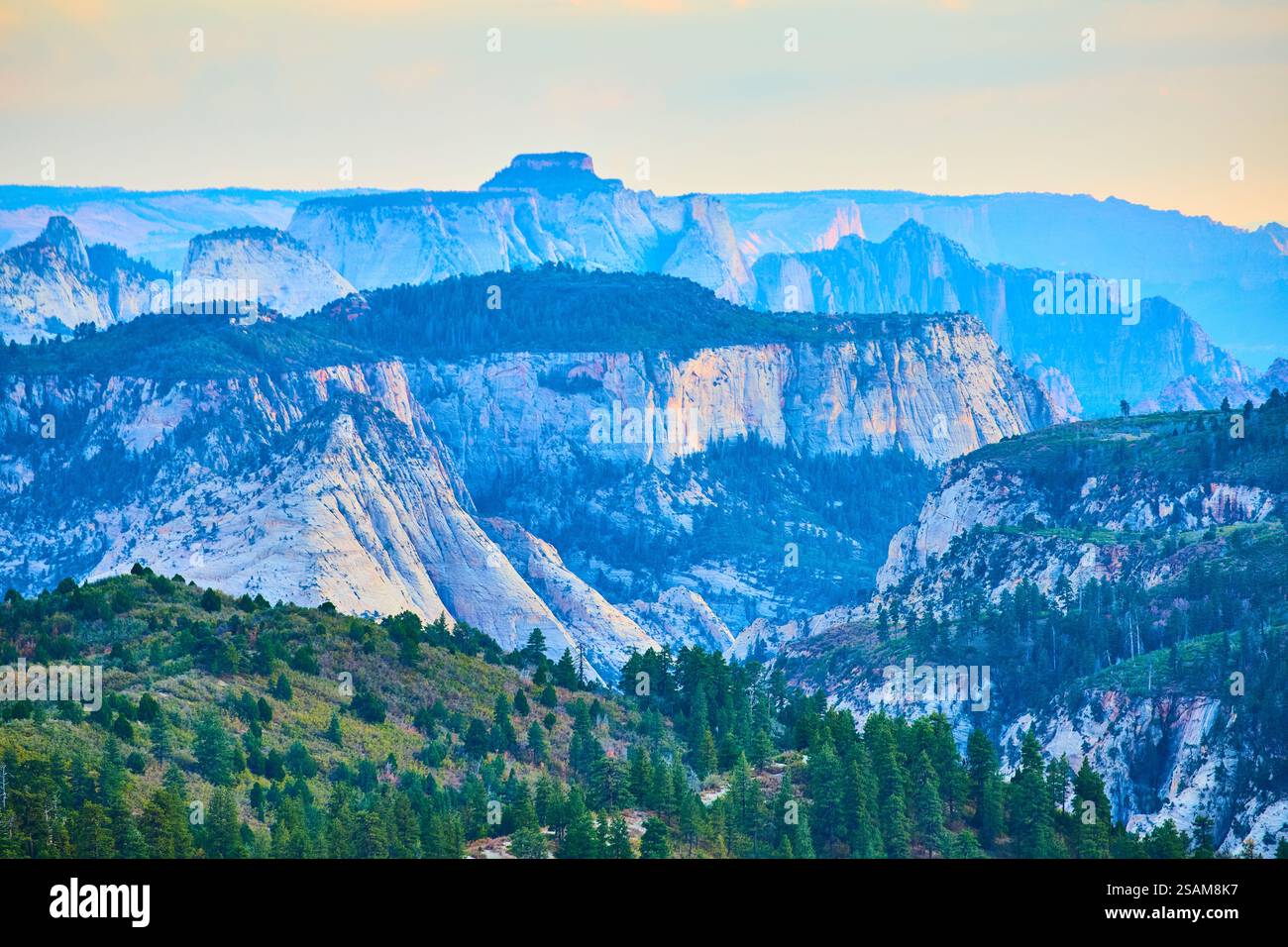 Rugged Zion Cliffs and Greenery at Golden Hour from Elevated View Stock ...
