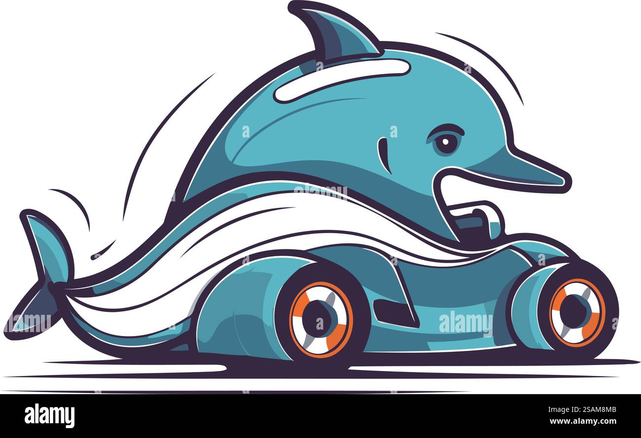 Cartoon dolphin riding a car isolated on white background. Vector ...