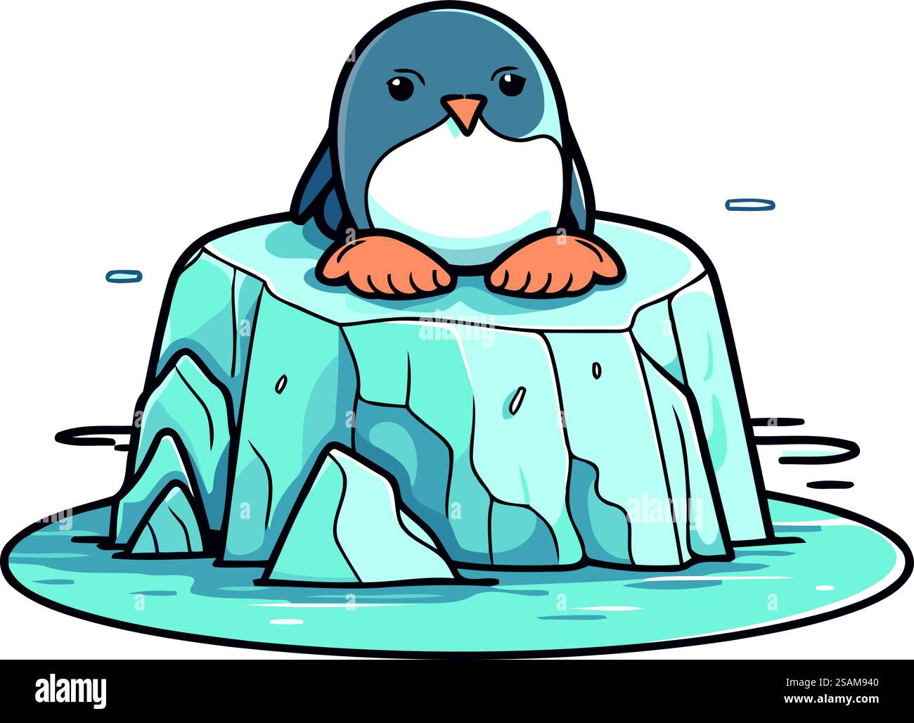 Cute cartoon penguin sitting on ice cube. Vector illustration Stock ...