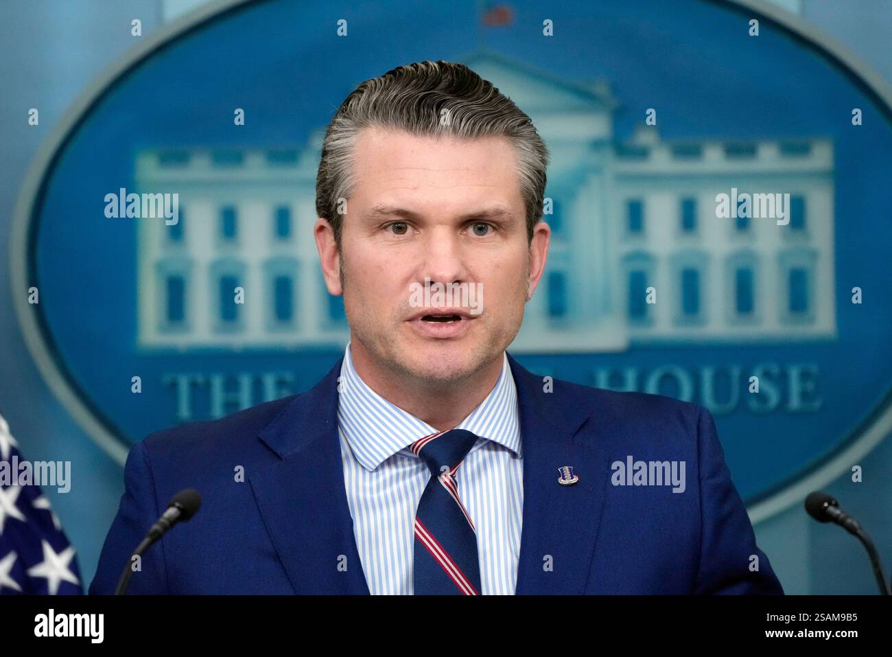 Defense Secretary Pete Hegseth speaks in the James Brady Press Briefing ...