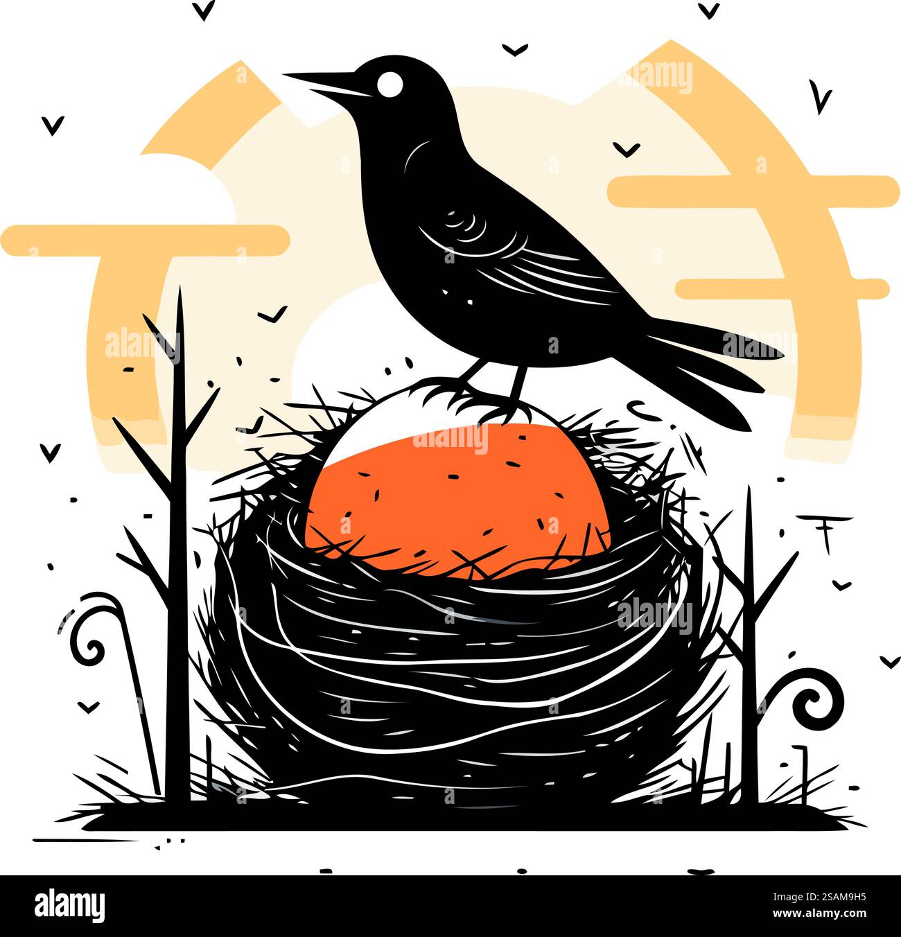 Vector illustration of a black crow sitting in a nest with an egg Stock ...