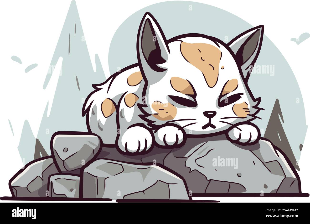 Cute cat sitting on a rock in the mountains. Vector illustration Stock ...