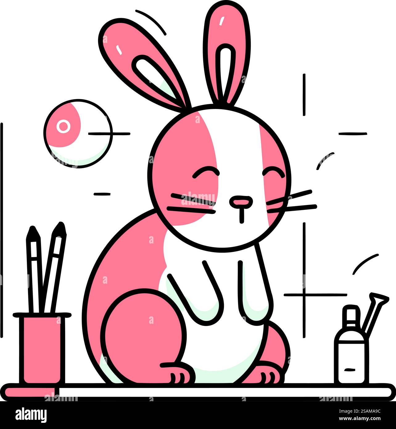 Vector illustration of a cute rabbit sitting on the floor and drawing ...