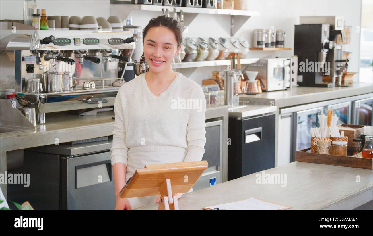 Portrait Of Smiling Female Owner Or Worker Behind Counter In Coffee ...