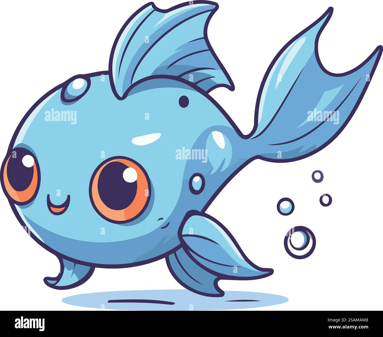 Cartoon cute blue fish. Vector illustration isolated on white ...
